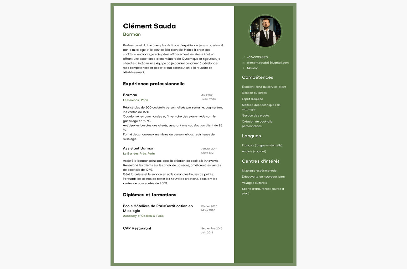 Créer un CV de barman : conseils et exemple