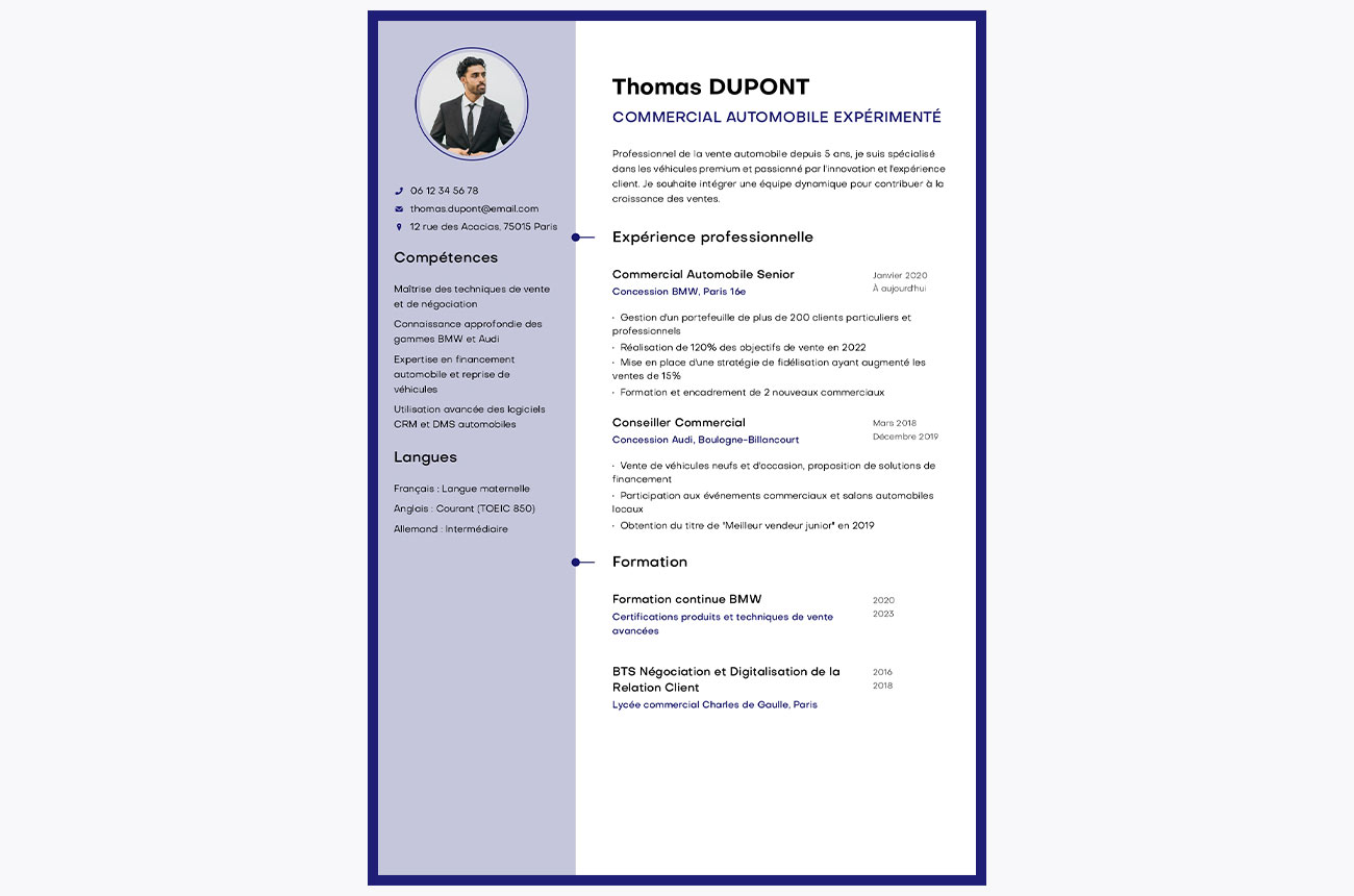 Modèle de CV de commercial automobile à personnaliser
